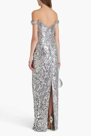 Marchesa Off-the-shoulder Sequined Guipure Lace Gown