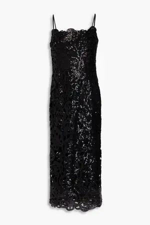 Marchesa Sequined Guipure Lace Midi Dress