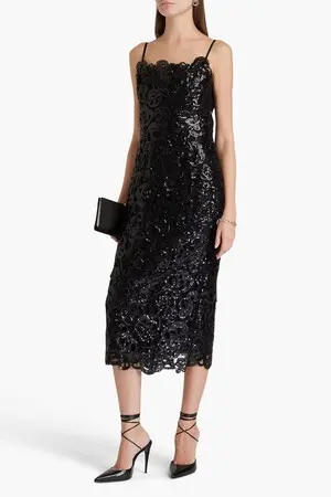 Marchesa Sequined Guipure Lace Midi Dress