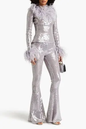 16Arlington Pendall Feather-embellished Sequined Mesh Top