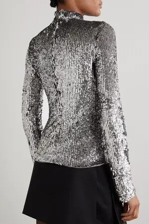 INTERIOR Frances Sequined Stretch-tulle Turtleneck Top