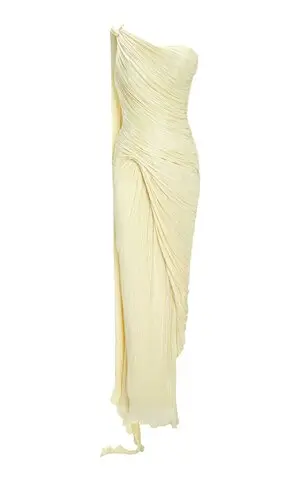 MARMAR HALIM Pleated Asymmetric Silk-chiffon Gown - Yellow