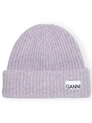 GANNI Logo-patch Ribbed Knit Beanie - Purple