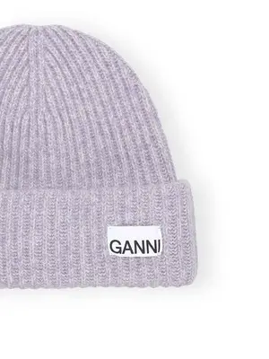 GANNI Logo-patch Ribbed Knit Beanie - Purple