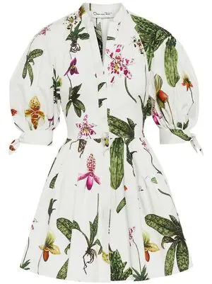 Oscar De La Renta Orchid Puff-sleeve Cotton-poplin Dress - White