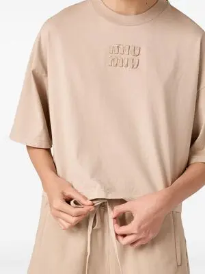 miu miu ベージュ 半袖Tシャツ Miu Miu Logo-Embroidered T-Shirt - Neutrals | Editorialist