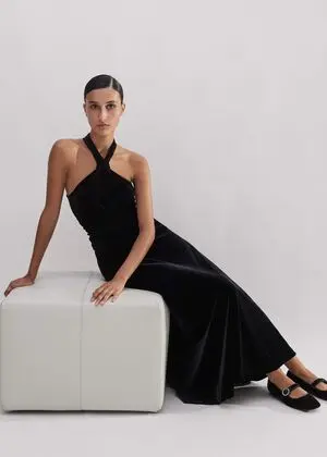 ME+EM Velour Halterneck Maxi Dress - Black