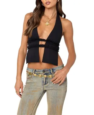 EDIKTED Luma Split Front Backless Halter Top - Black