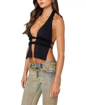 EDIKTED Luma Split Front Backless Halter Top - Black