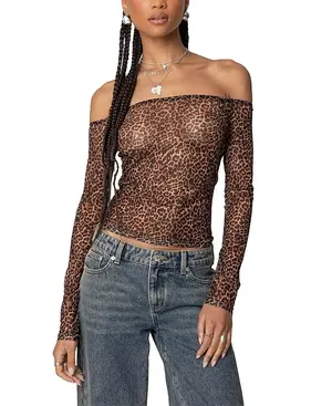 EDIKTED Sheer Mesh Off-shoulder Top - Leopard