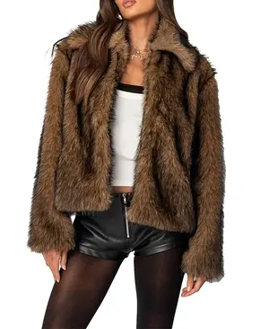 EDIKTED Faux Fur Jacket - Brown