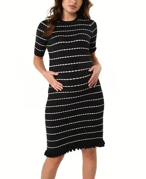 MARION Maternity & Nursing Stripe Sweater Dress - Black White Striped
