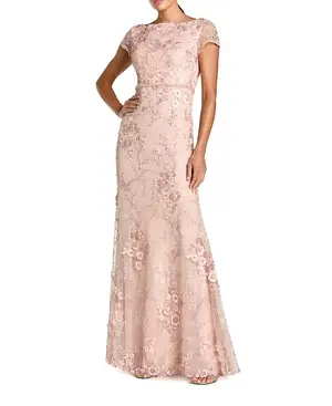 Mac Duggal Floral Applique Boatneck Gown - Blush