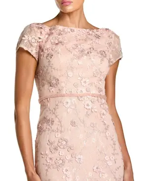 Mac Duggal Floral Applique Boatneck Gown - Blush