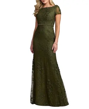 Mac Duggal Floral Applique Boatneck Gown - Olive