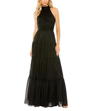 Mac Duggal Tie Neck Tiered Halter Gown
