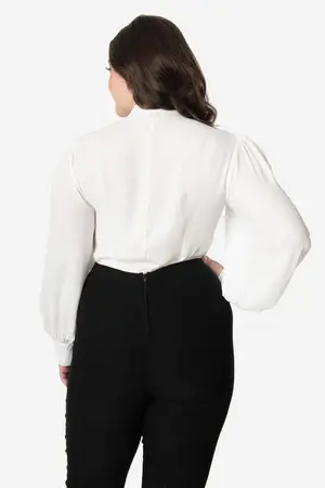 Unique Vintage Long Sleeve Neck Tie Blouse - White
