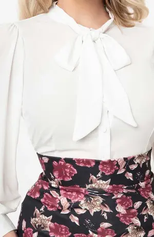 Unique Vintage Long Sleeve Neck Tie Gwen Blouse - White