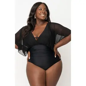 Unique Vintage Mesh Butterfly Sleeve Torrey One Piece Swimsuit - Black