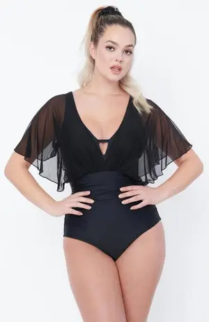 Unique Vintage Mesh Butterfly Sleeve Torrey One Piece Swimsuit - Black