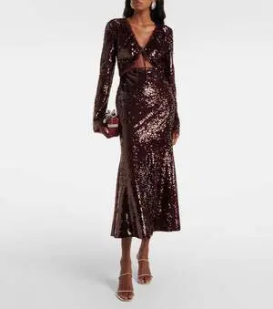 SELF-PORTRAIT Sequined Cutout Midi Dress - Brown