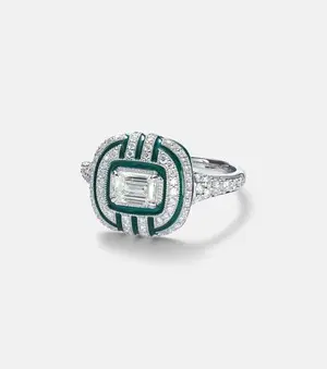 KAMYEN Art Deco 18kt White Gold And Enamel Ring With Diamonds - Silver