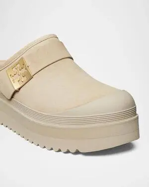 Tory Burch Mellow Suede Shearling Platform Loafer Mules - Beige