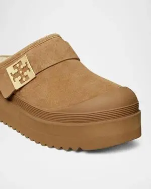 Tory Burch Mellow Suede Shearling Platform Loafer Mules Light Brown