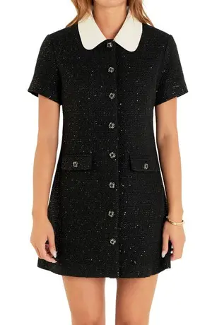 English Factory Sequin Tweed Mini Shirt Dress