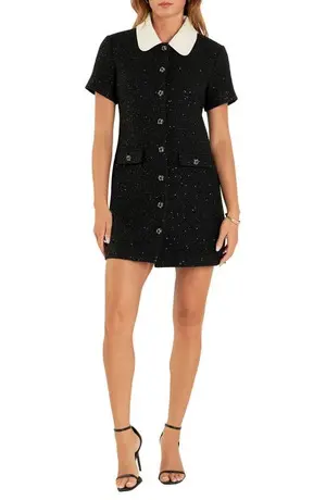English Factory Sequin Tweed Mini Shirt Dress - Black