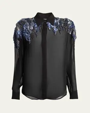 Dries Van Noten Dries Van Noten Chowy Embellished Chiffon Shirt - Black