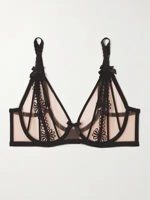 Agent Provocateur Coletta Grosgrain-trimmed Appliquéd Tulle Underwired Bra - Neutrals