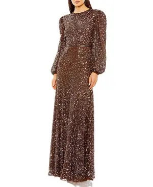 Mac Duggal Sheer Long Sleeve Beaded Gown