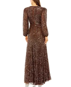 Mac Duggal Sheer Long Sleeve Beaded Gown