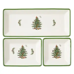 SPODE Christmas Tree Traditional 3 Piece Nesting Tray Set - Green