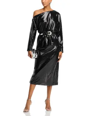 Misook Sequined One Shoulder Midi Dress