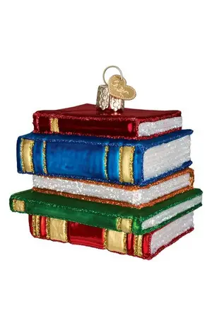OLD WORLD CHRISTMAS Stack Of Books Glass Ornament - Red/blue/green/gold/white
