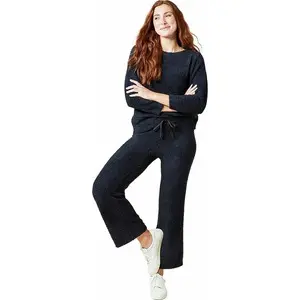 SOFTIES Solid Marshmallow Reverse Seam Crew Neck Lounge Set With Bracelet Sleeve Black