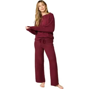 SOFTIES Solid Marshmallow Reverse Seam Crew Neck Lounge Set With Bracelet Sleeve Cherry Cola