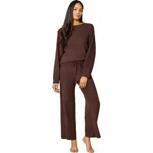 SOFTIES Solid Marshmallow Reverse Seam Crew Neck Lounge Set With Bracelet Sleeve Espresso