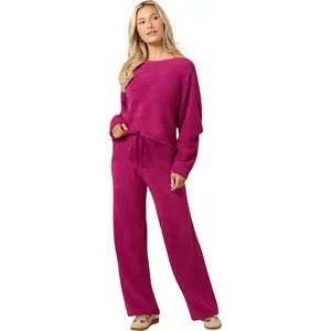 SOFTIES Solid Marshmallow Reverse Seam Crew Neck Lounge Set With Bracelet Sleeve - Magenta