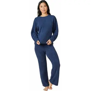 SOFTIES Solid Marshmallow Reverse Seam Crew Neck Lounge Set With Bracelet Sleeve Midnight