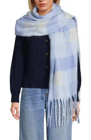LANDS' END Brushed Blanket Scarf Light Cornflower Check