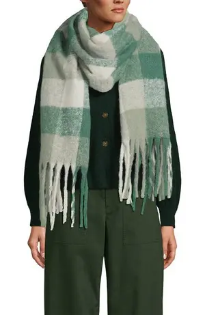 LANDS' END Brushed Blanket Scarf Washed Evergreen Check