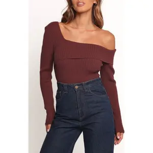 PETAL & PUP Aleena One-shoulder Ribbed Sweater - Chocolate Brown
