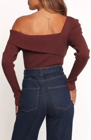 PETAL & PUP Aleena One-shoulder Ribbed Sweater - Chocolate Brown