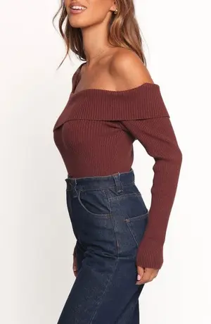 PETAL & PUP Aleena One-shoulder Ribbed Sweater - Chocolate Brown