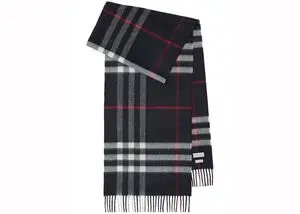 Burberry Check Fringed Cashmere Scarf - Navy Blue