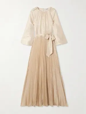 Simkhai Varenya Belted Pleated Metallic Lamé Maxi Dress - Gold