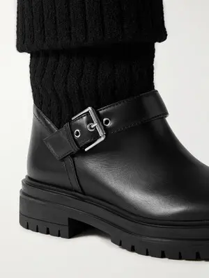 GIANVITO ROSSI Thurso Buckled Leather And Ribbed-knit Ankle Boots